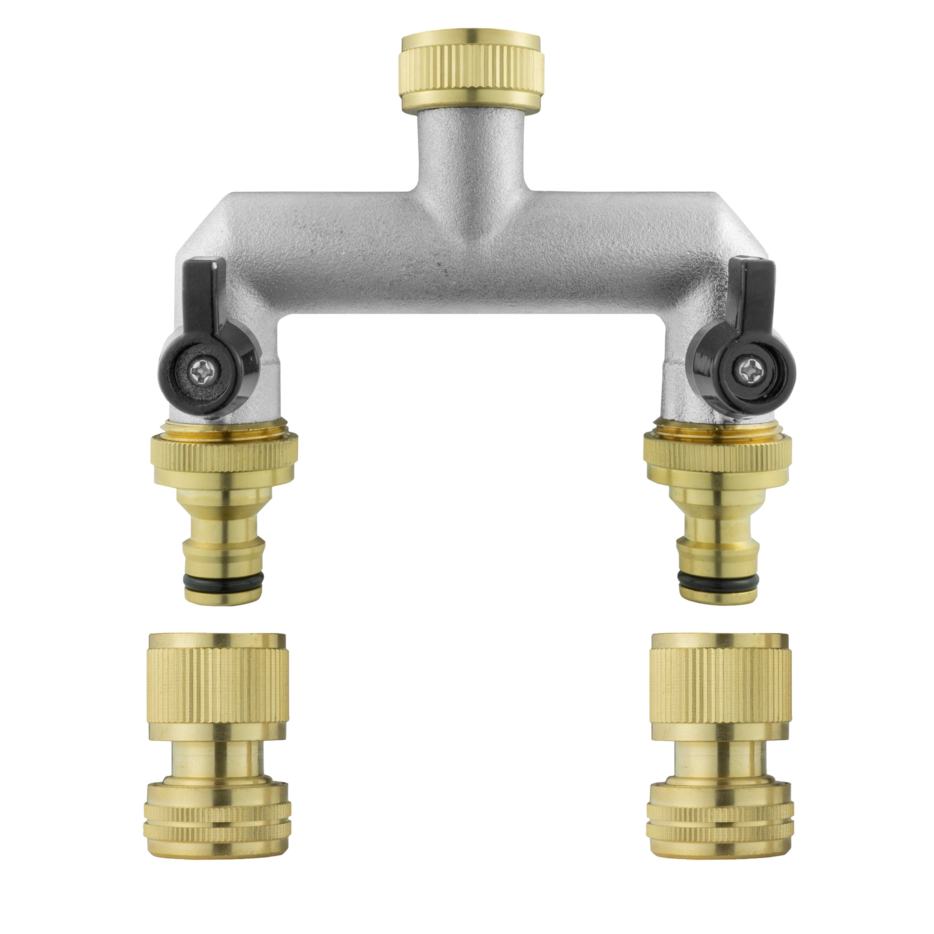 Two Way Tap Splitter Brass 3/4" BSP with Quick Connect and Hose Fittin ...