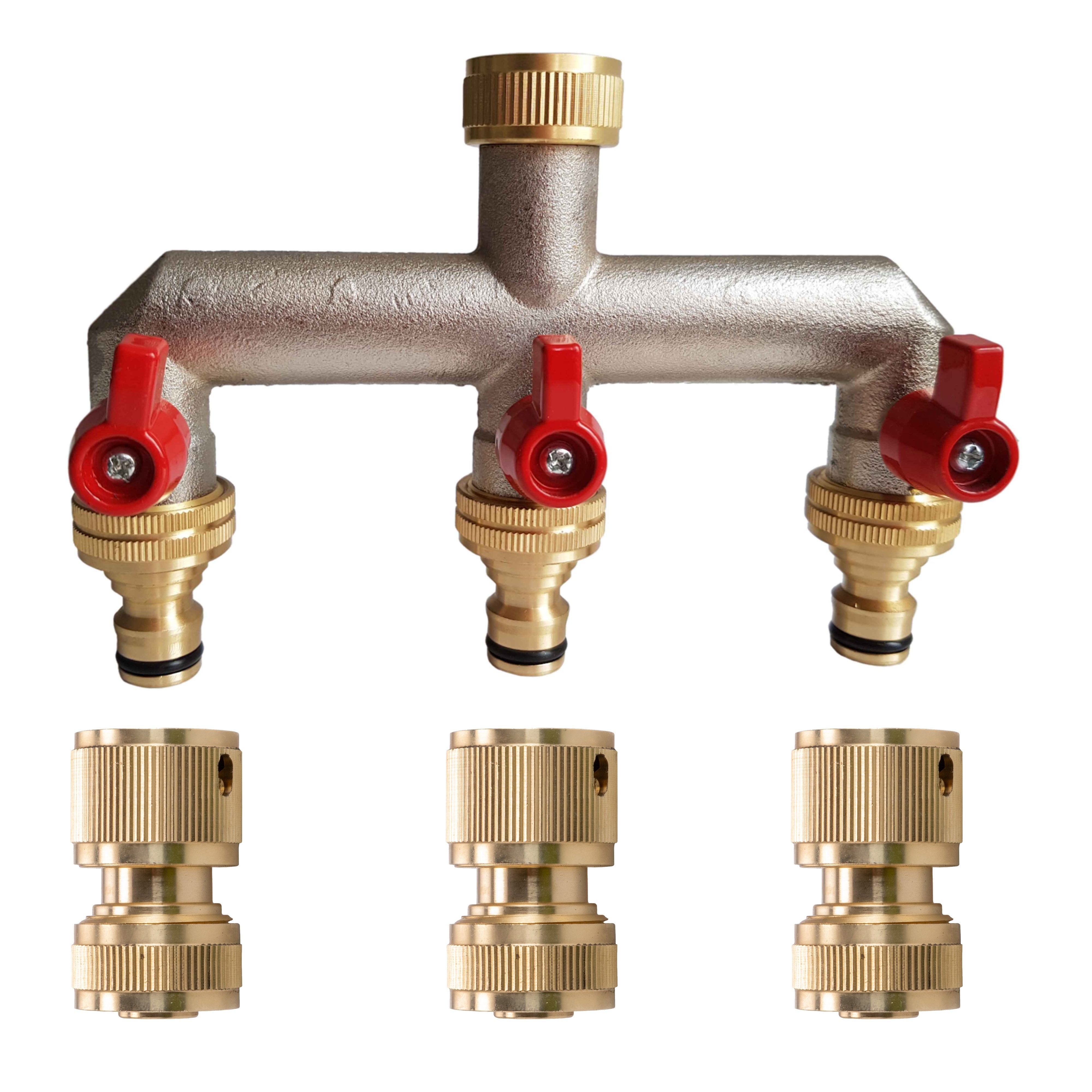Three Way Tap Splitter Brass 3/4" BSP with Quick Connect and Hose Fitt ...